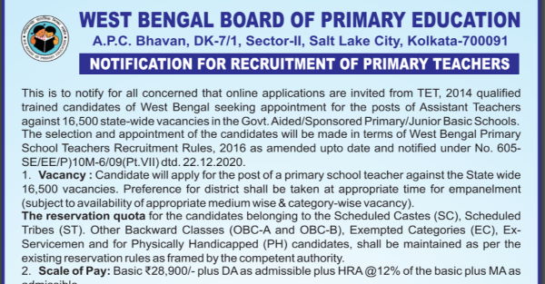 WBBPE Primary School Teacher 2021 Online Form 16500+ Vacancies ...